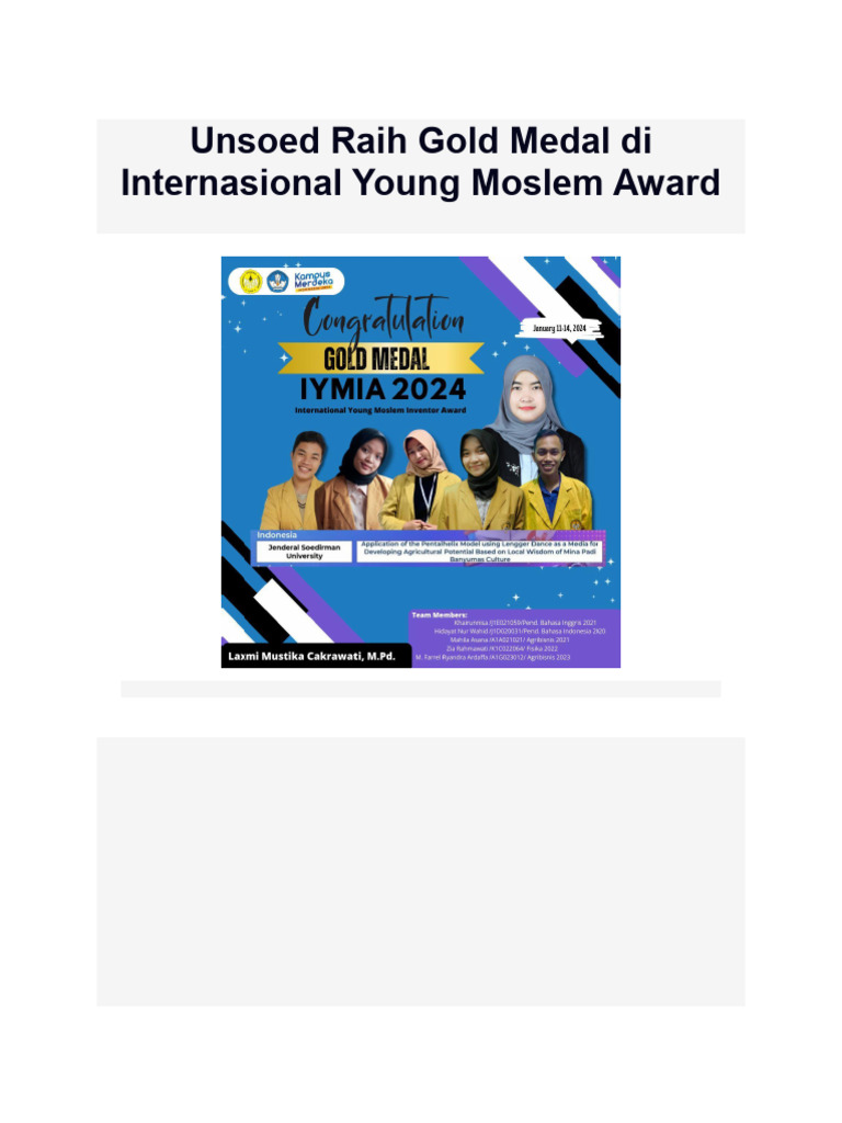 Unsoed Raih Gold Medal Di Internasional Young Moslem Award | PDF
