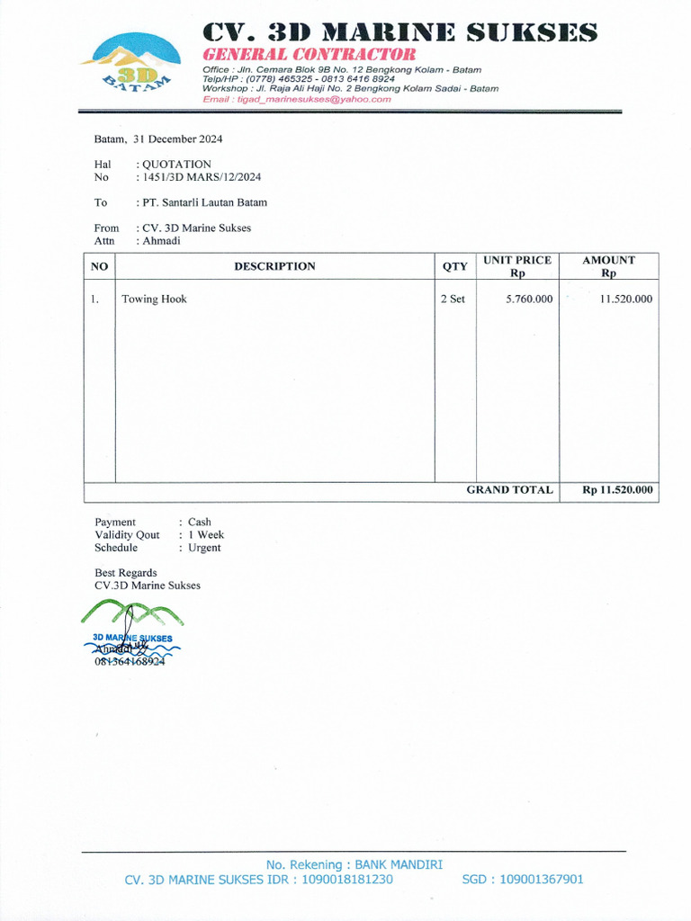 Quotation PT. Santarli Lautan Batam 1451 | PDF