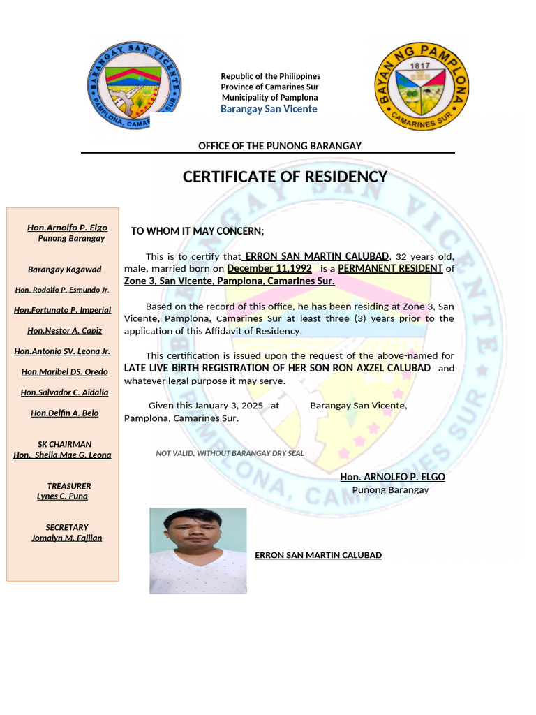 Certificate of Residency for Erron Calubad | PDF