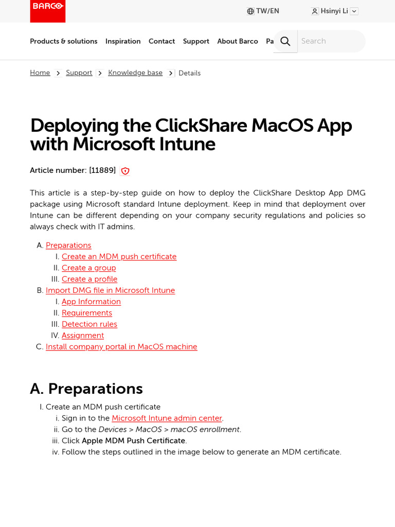 Knowledge Base 11889 - Deploying The ClickShare MacOS App With Microsoft Intune | PDF | Mac Os ...