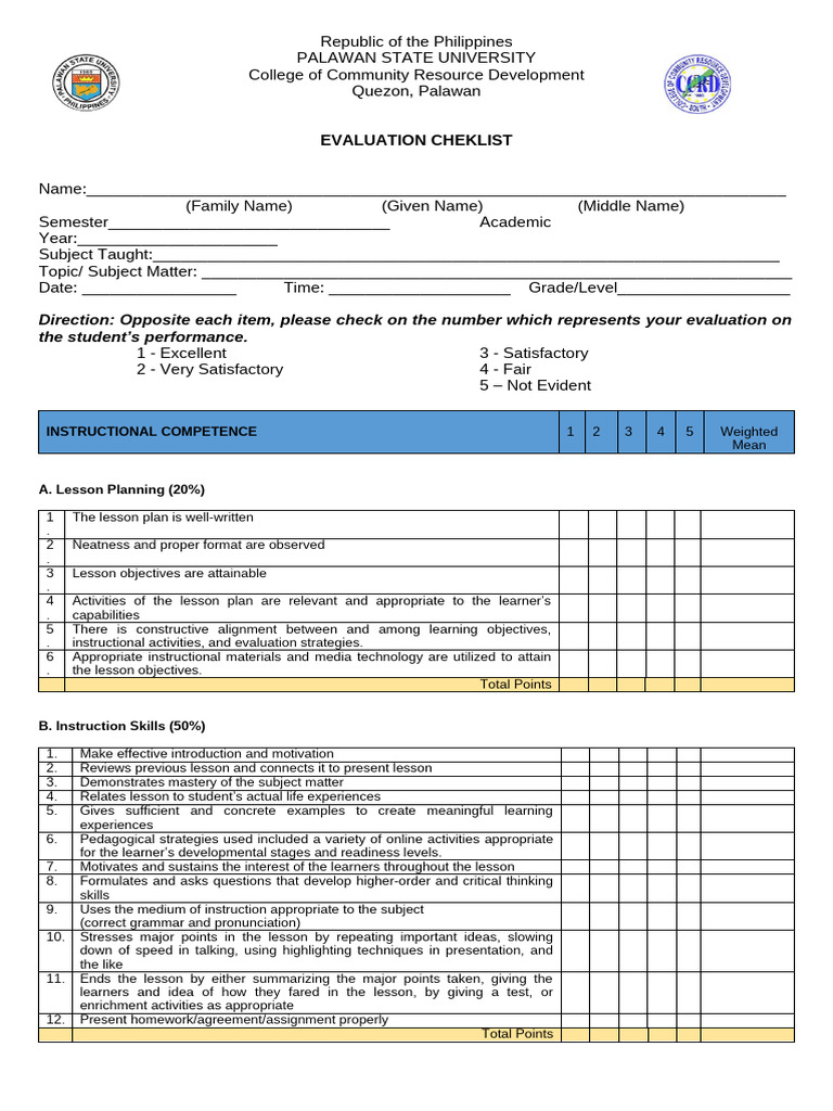Evaluation Checklist. OVERALL 1 | PDF | Learning | Teachers