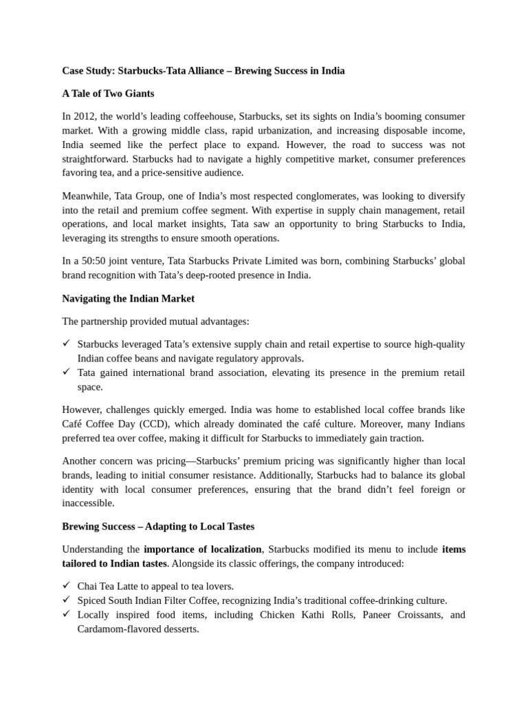 Case Study of Starbuck-Tata | PDF | Starbucks | Brand