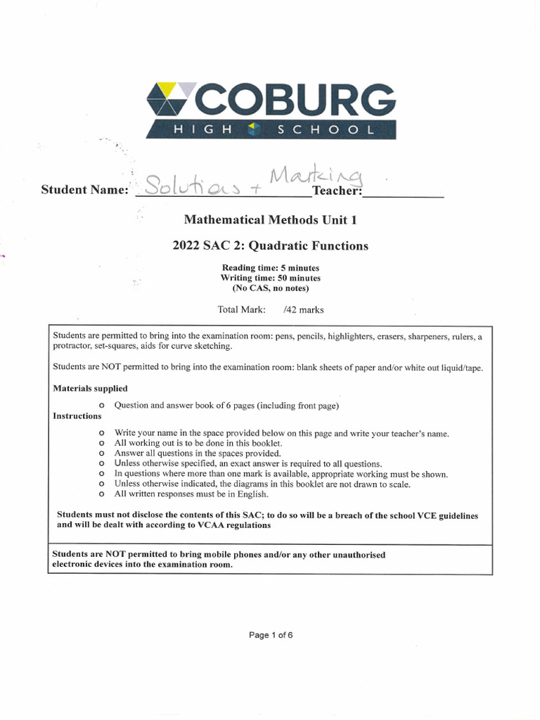 11 Methods SAC 2 Solutions and Marking Scheme | PDF | Algebra