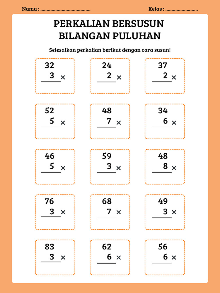 Perkalian Bersusun Bilangan Puluhan Lembar Kerja Putih Oren Sederharna ...