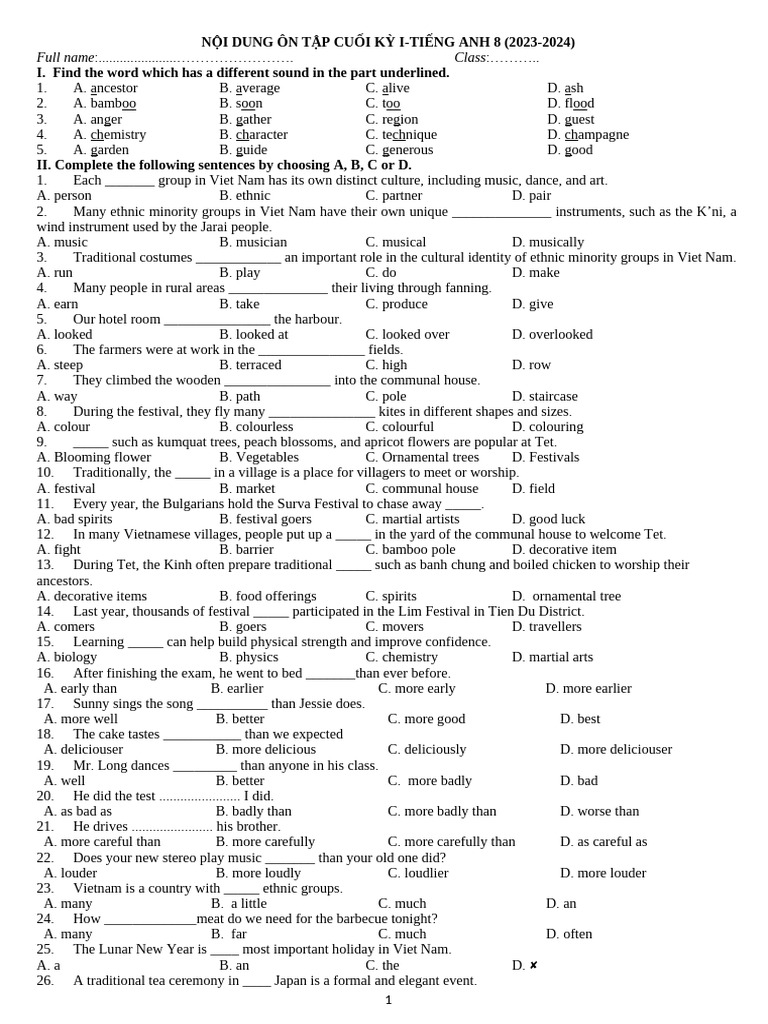 23-24 K8 ÔN TẬP KTCK 1 | PDF