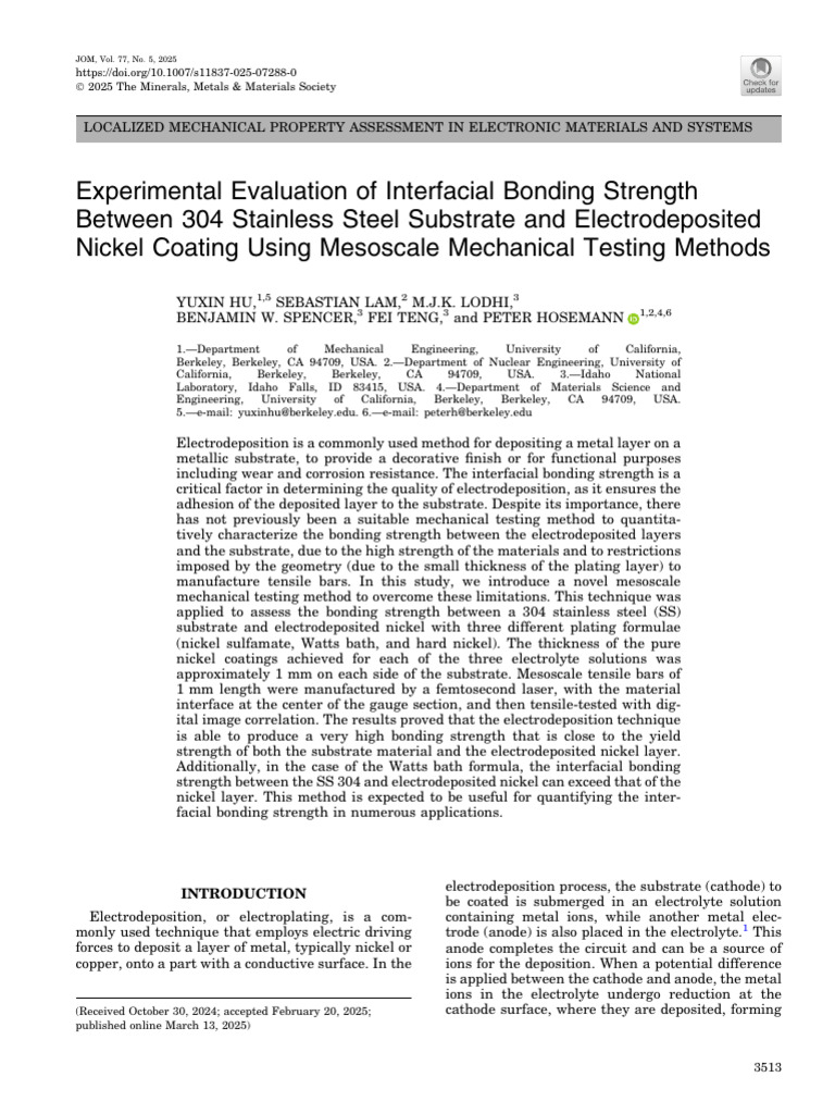Experimental Evaluation of Interfacial Bonding Strength Between 304 Stainless Steel Substrate ...