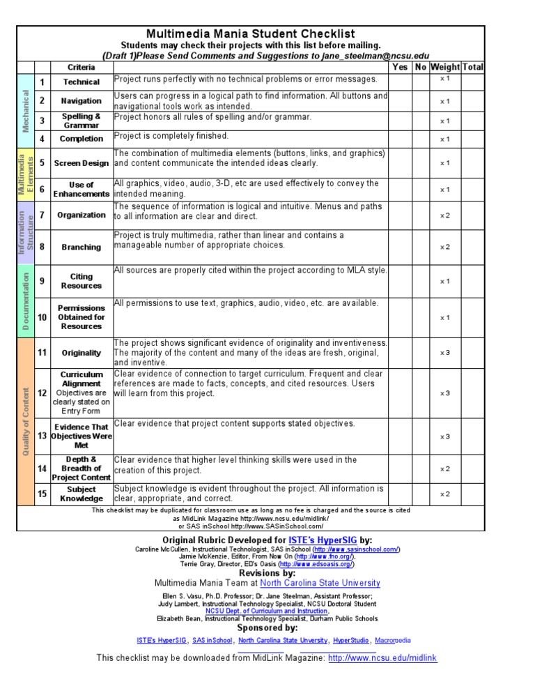 Multimedia Mania Student Checklist: (Draft 1) Please Send Comments and ...