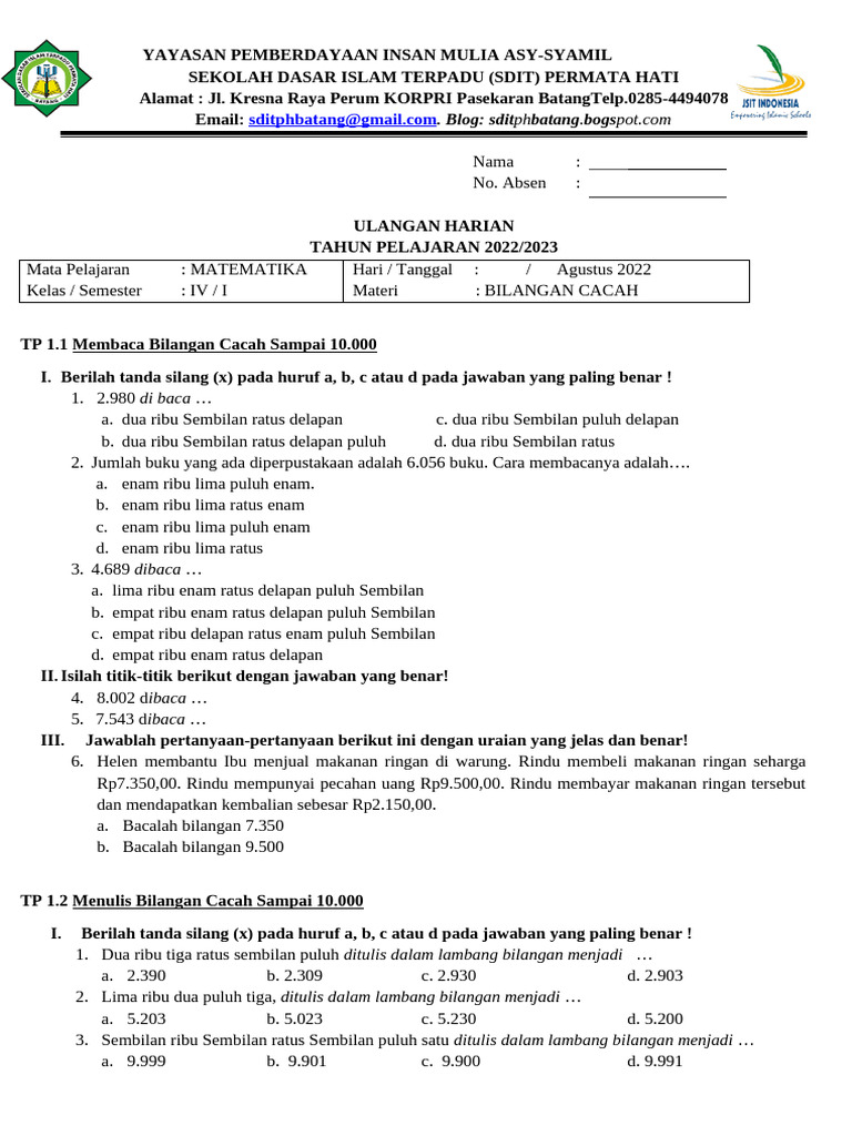 Sumatif LM Bab 1 (Tp1-5) Bil Cacah MTK | PDF