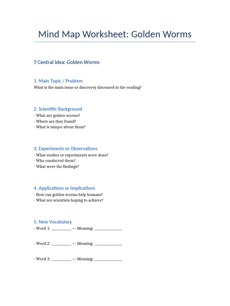Mind Map Worksheet Golden Worms | PDF