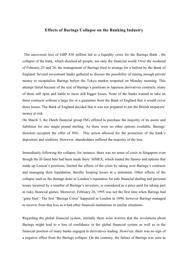 Effects of Barings Collapse On The Banking Industry | PDF | Derivative ...