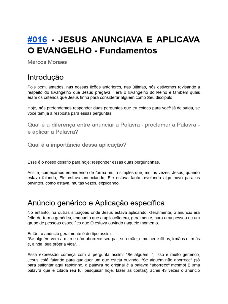 #016 - JESUS ANUNCIAVA E APLICAVA O EVANGELHO - Fundamentos | PDF | Jesus | Evangelho de Lucas