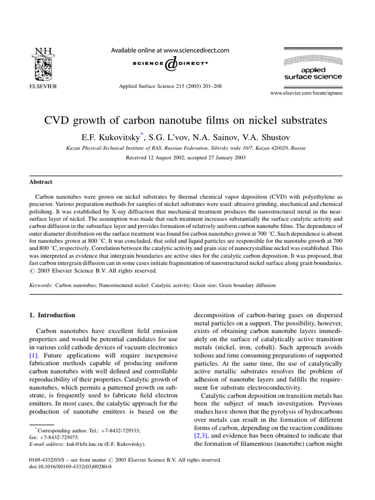 CVD Growth of Carbon Nanotube Films On Nickel Substrates | PDF | Carbon ...