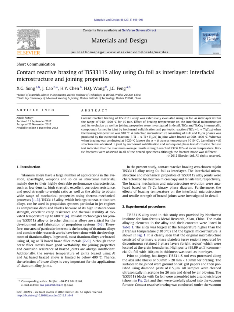 Contact Reactive Brazing of Ti53311S Alloy Using Cu Foil As Interlayer Interfacial | PDF ...