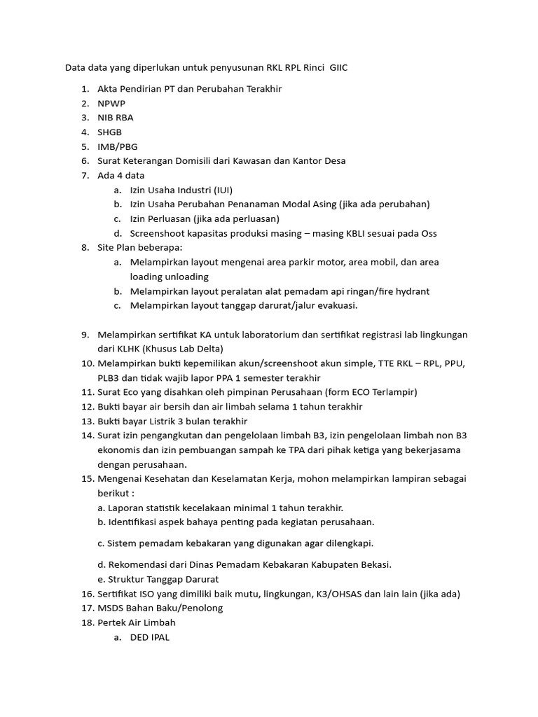 Data Data Yang Diperlukan Untuk Penyusunan RKL RPL Rinci Di GIIC | PDF