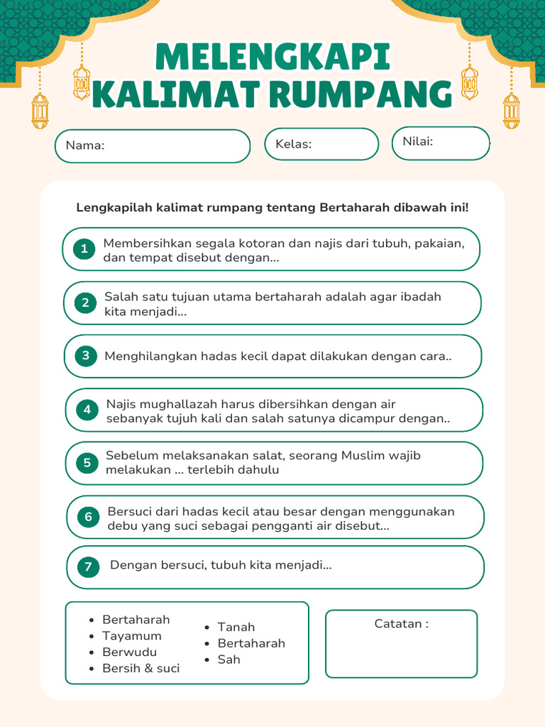 Melengkapi Kalimat Rumpang Taharah Lembar Kerja Hijau Ilustratif | PDF