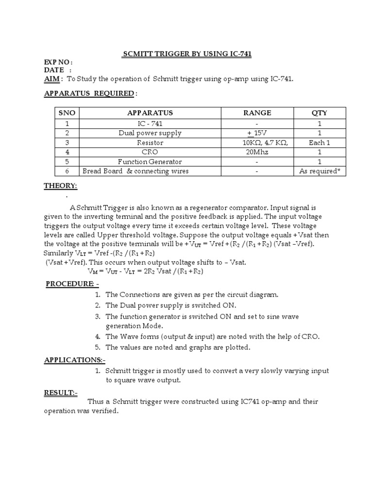 Scmitt Trigger by Using Ic-741 AIM: To Study The Operation of Schmitt ...