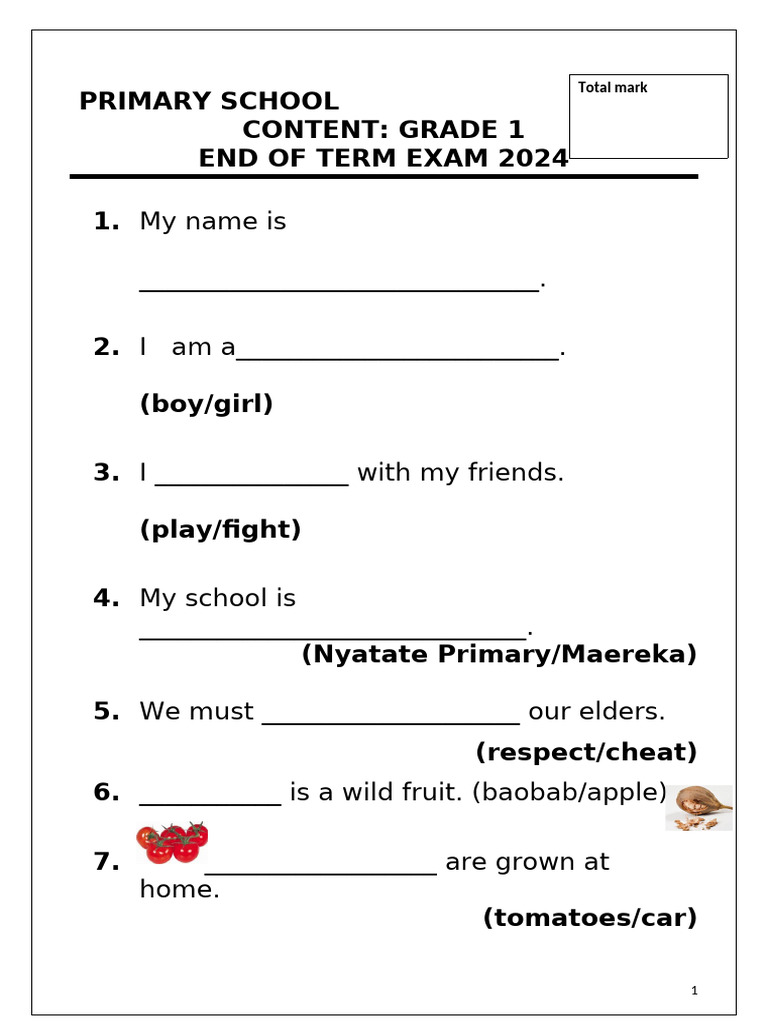 Grade 1 End of Term Exam 2024 | PDF