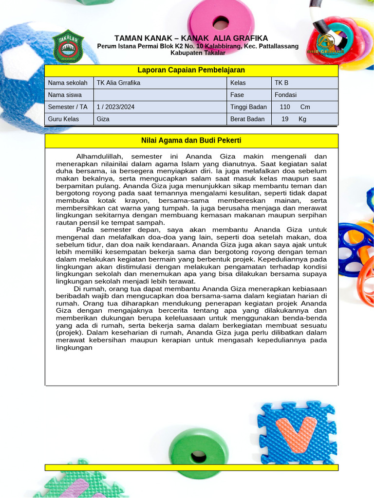 Rapor PAUD Kurikulum Merdeka (Contoh 2) | PDF