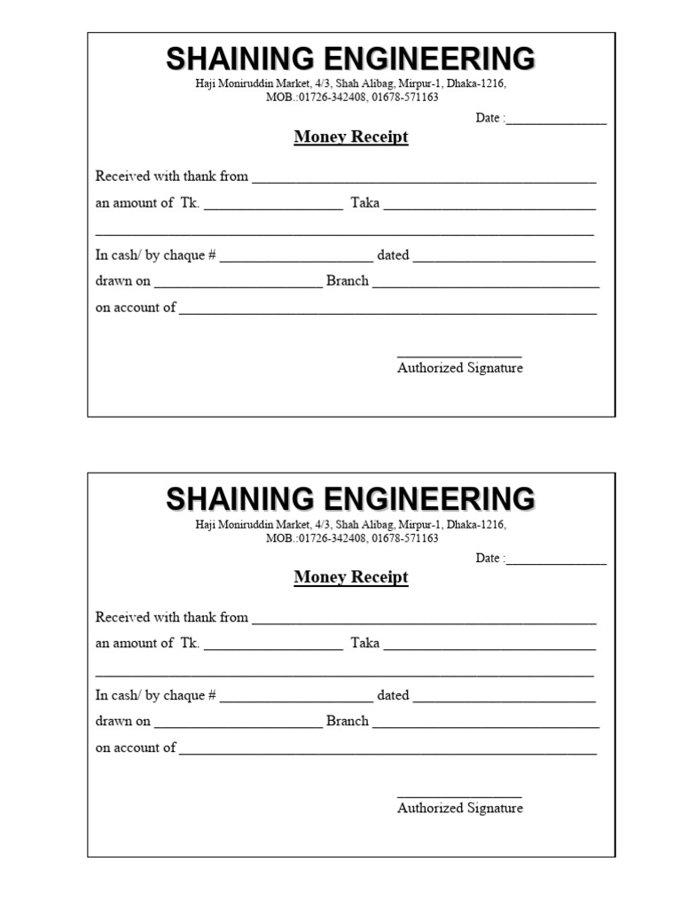 Money Receipt Template for Engineering Services | PDF