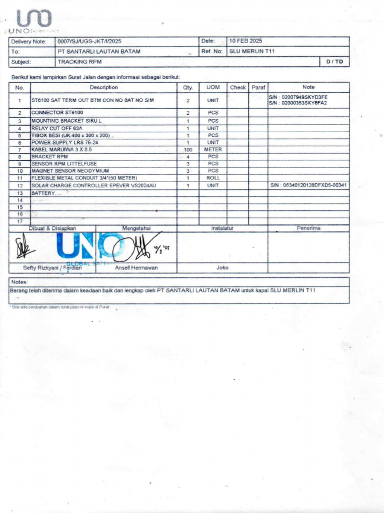 SJ 0007 - UNO - TRACKING RPM - PT SANTARLI LAUTAN BATAM - SLU MERLIN T11 | PDF