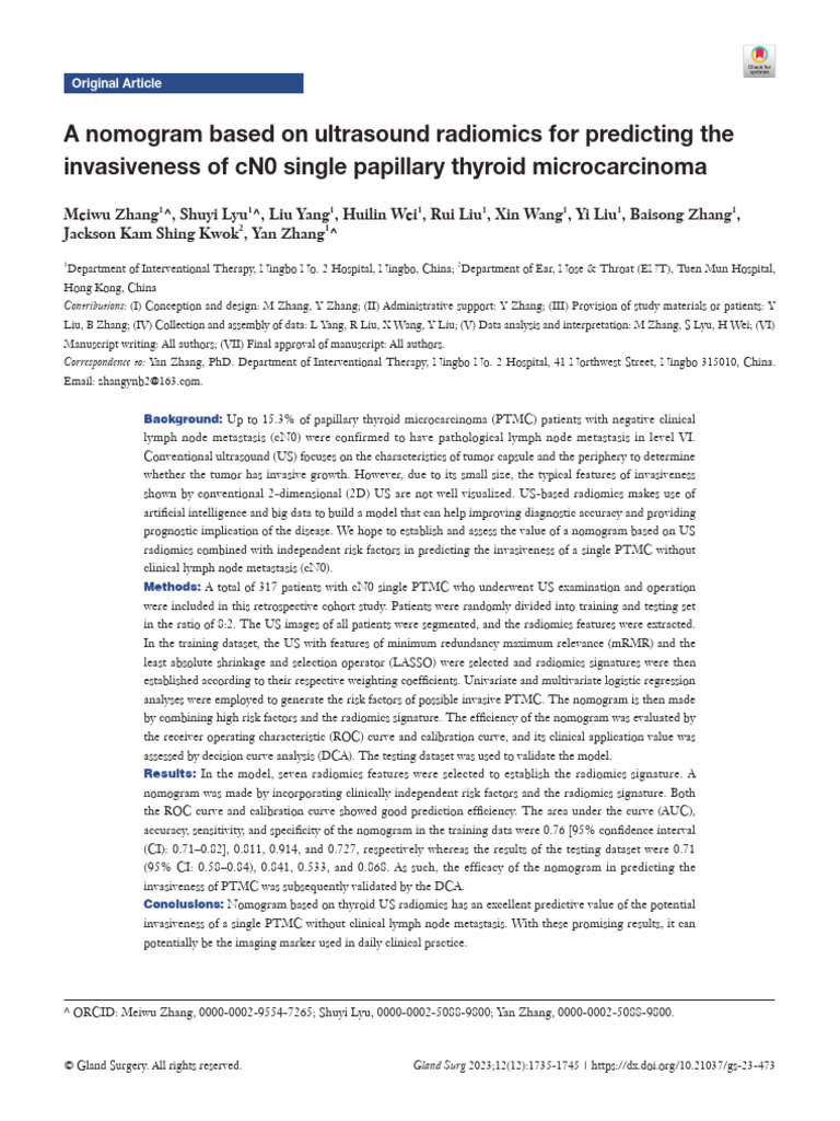 A Nomogram Based On Ultrasound Radiomics For Predicting The Invasiveness of cN0 Single Papillary ...