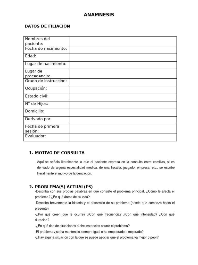 Plantilla Anamnesis Adultos | PDF | Psiquiatría