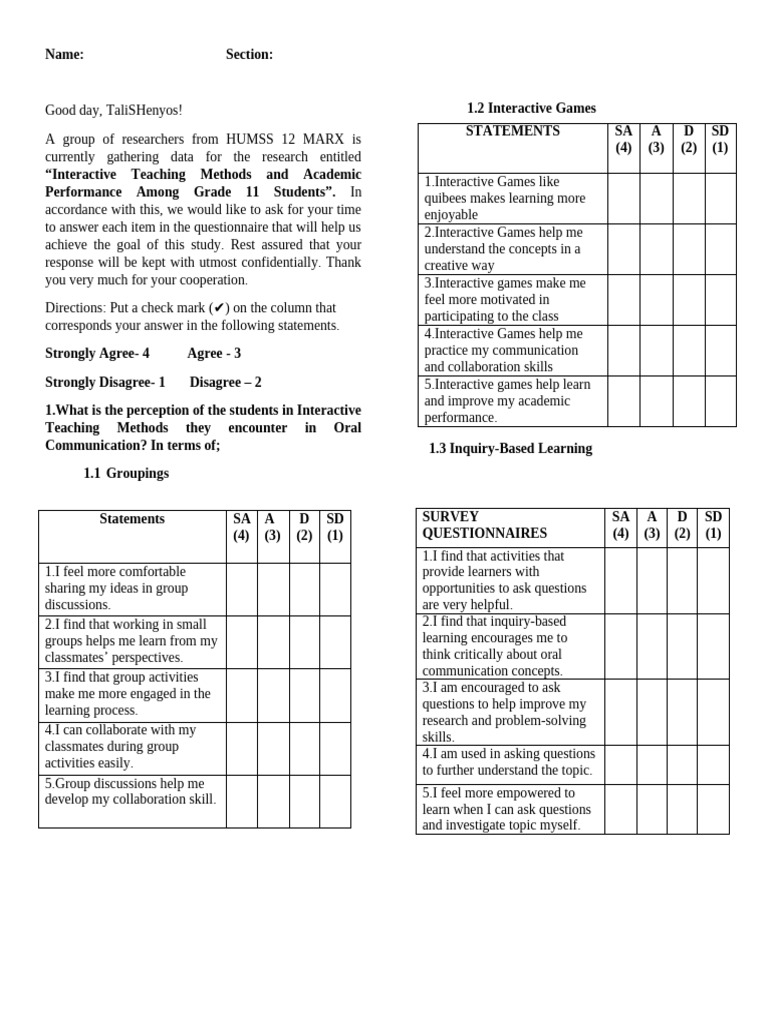 Group 2 Questionnaire Checked | PDF | Teaching Method | Learning