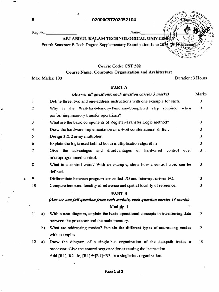 Btech CST 4 Sem Computer Organization and Archictecture Cst202 Jun 2023 | PDF | Central ...
