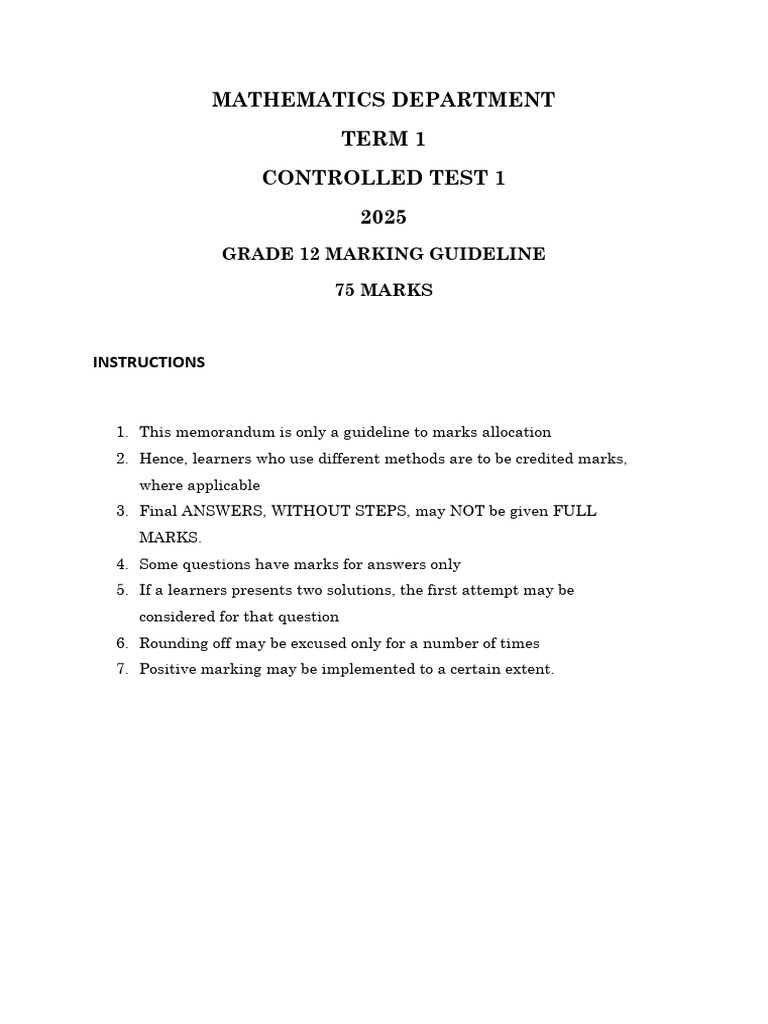 Grade 12 Term 1 CT 2025 - Memo | PDF | Mathematics