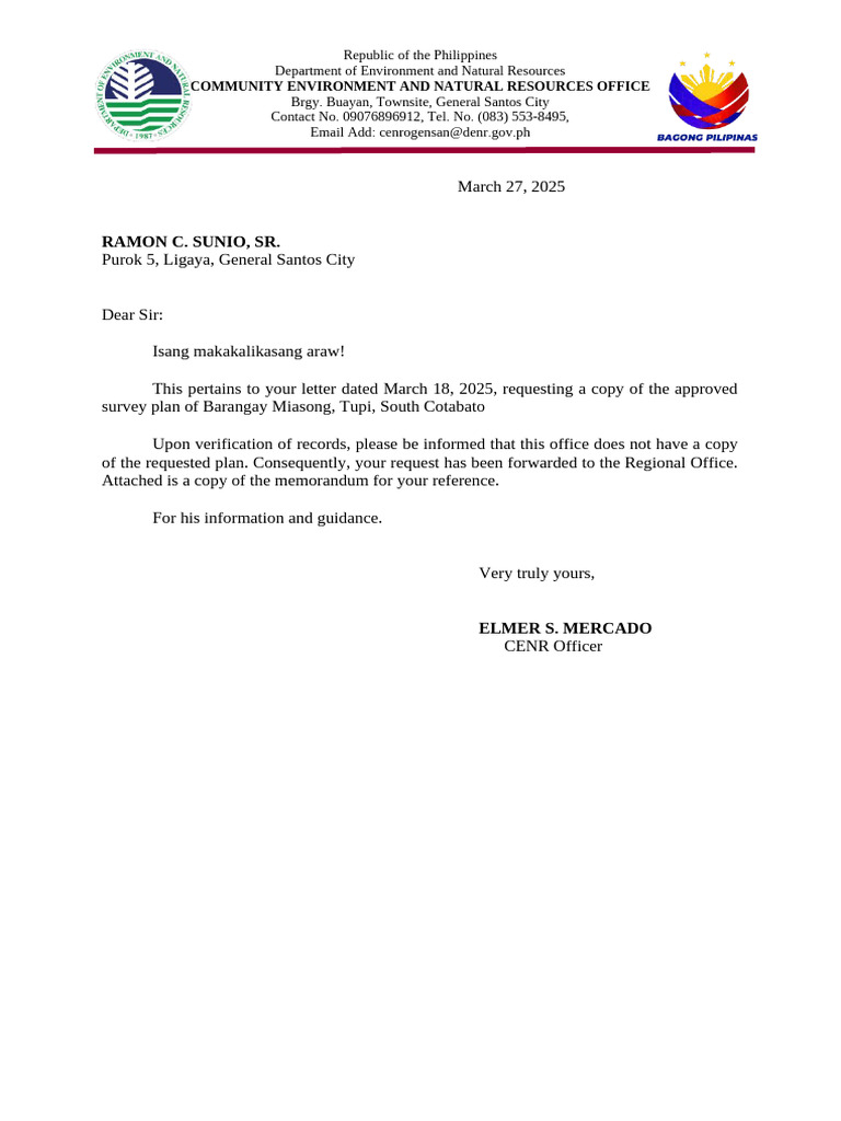 DENR Response to Survey Plan Request | PDF