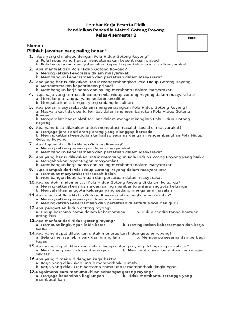 LKPD Pancasila Kls 4 Materi Gotong Royong | PDF