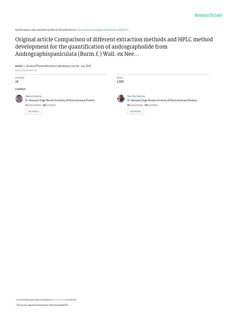 Comparison Of Different Extraction Methods And Hplc Methoddevelopment For The Quantification Of