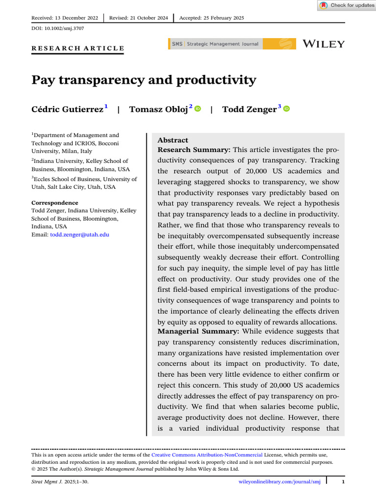 Pay Transparency's Impact on Productivity | PDF