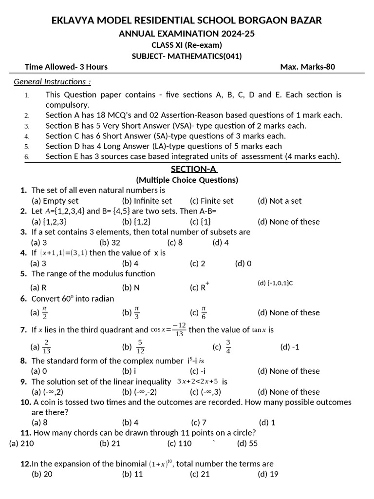 Class XI Mathematics Re-exam Paper 2024-25 | PDF | Pi | Numbers