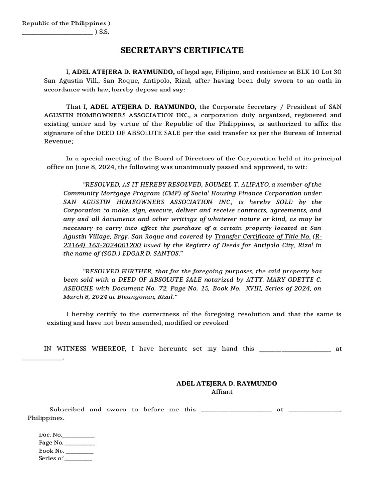 Secretary's Certificate for Property Sale | PDF | Common Law | Private Law