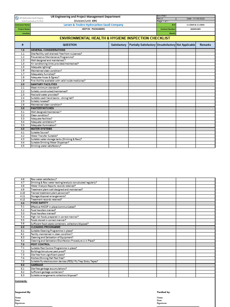 Env-F061 Environmental Health & Hygiene Inspection Checklist - 31 Jan ...