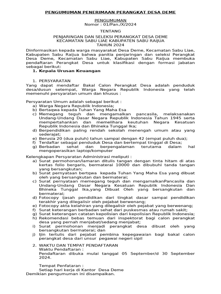 Pengumuman Penerimaan Perangkat Desa Deme | PDF