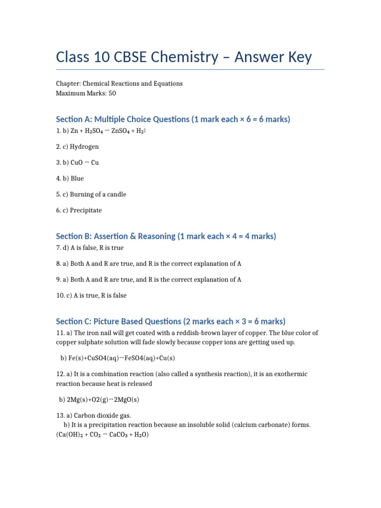 Class 10 CBSE Chemistry Answer Key | PDF | Redox | Chemical Reactions