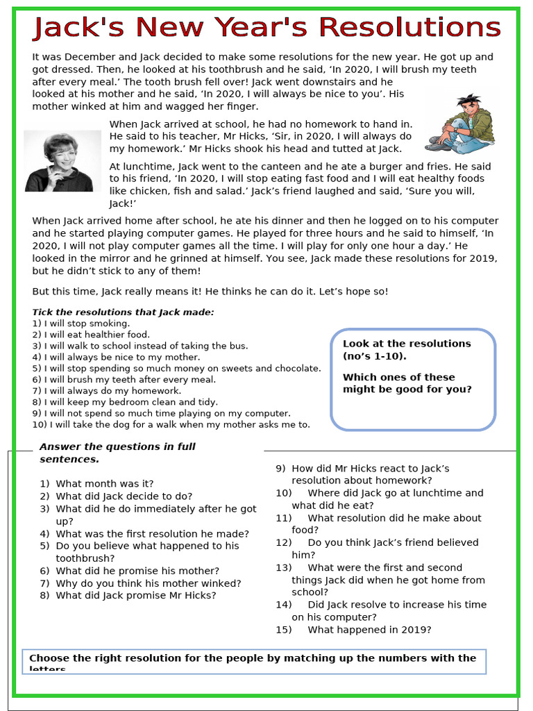 Jacks New Years Resolutions Reading Comprehension Exercises - 120587 | PDF