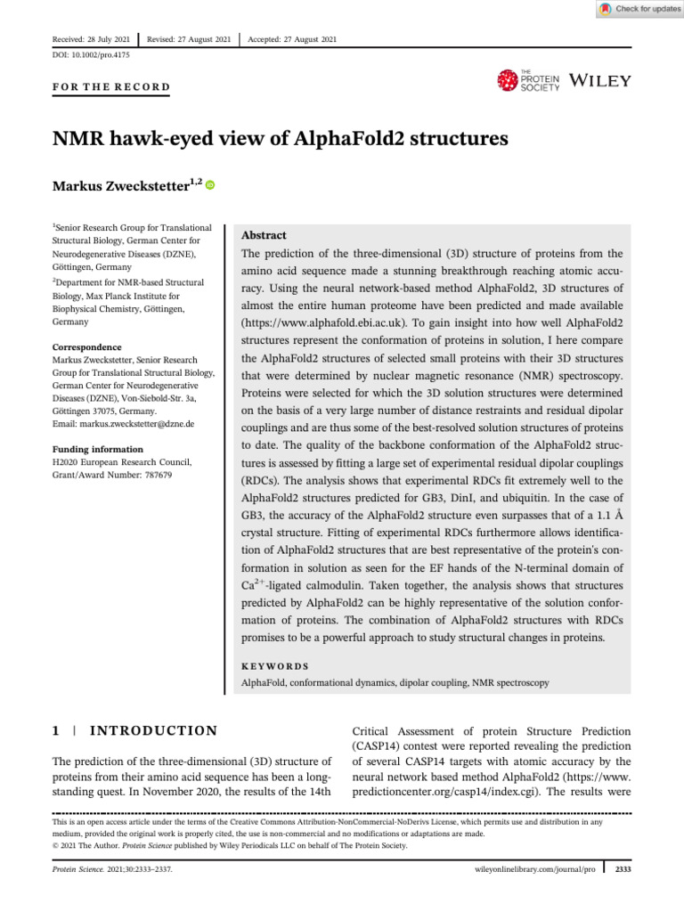 Protein Science - 2021 - Zweckstetter - NMR Hawk Eyed View of AlphaFold2 Structures | PDF ...