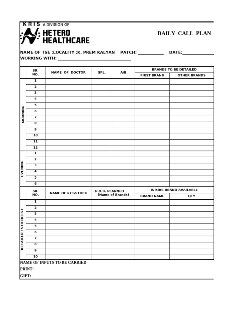 Pharma Daily Call Planning Template | PDF