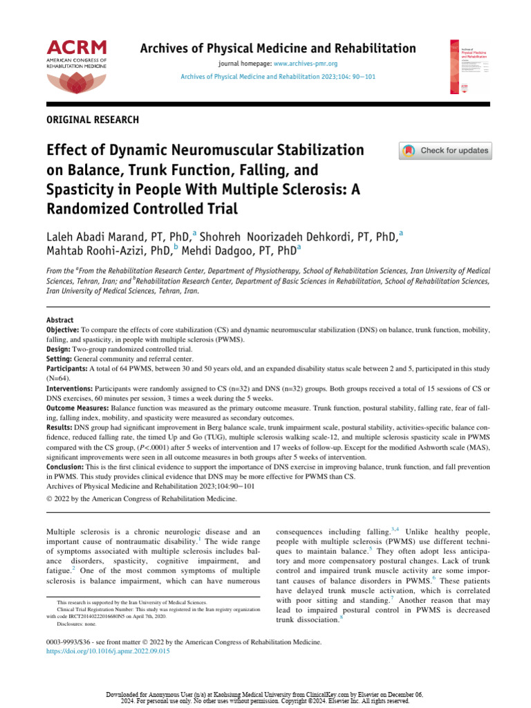 Effect of Dynamic Neuromuscular Stabilization On Balance, Trunk ...
