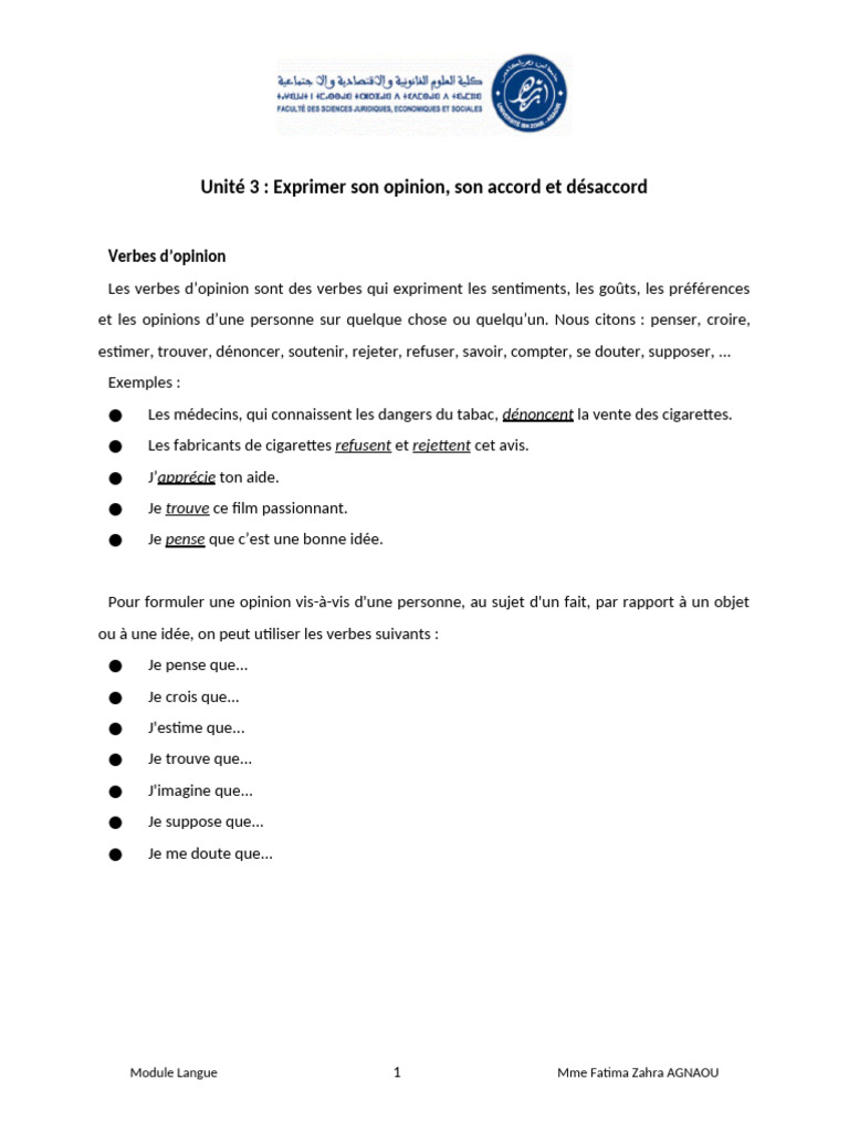 UnitÃ© 3 Exprimer Son Opinion | PDF | Verbe | Phrase