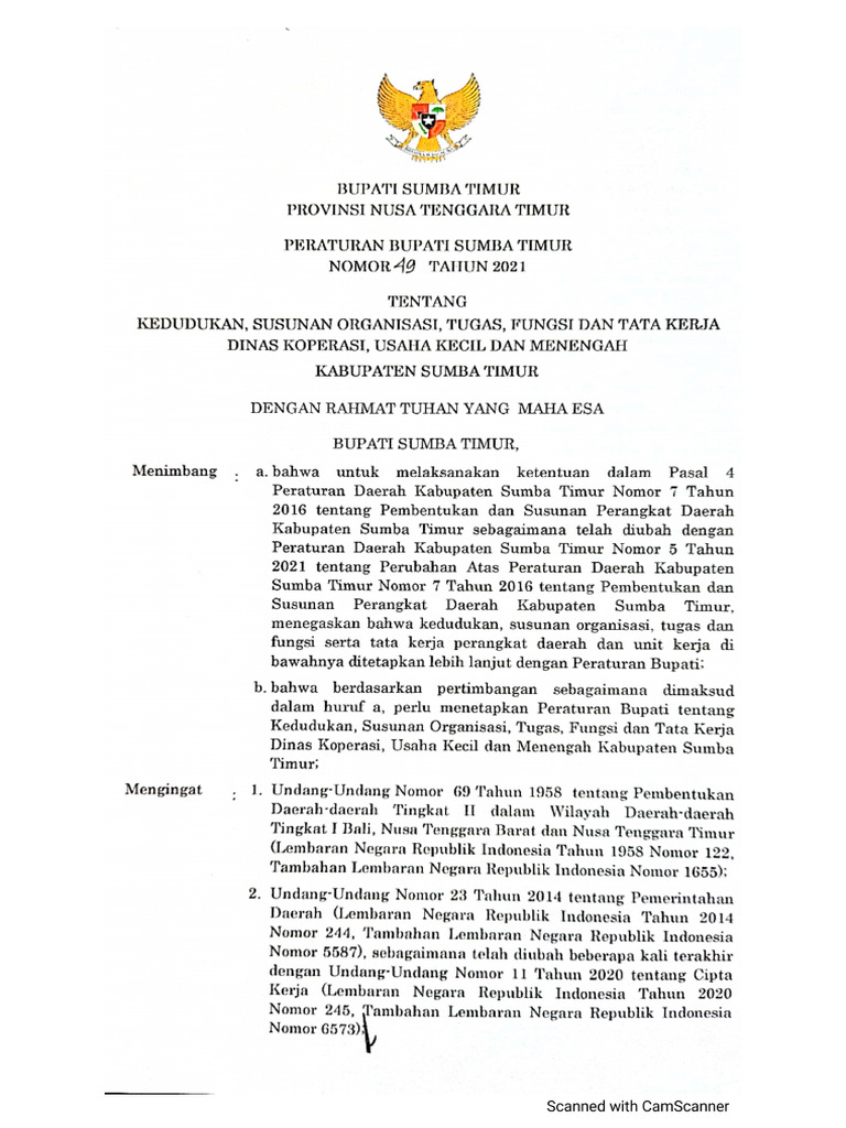 Perbup No. 49 Tahun 2021 Tentang SOTK Dinas Koperasi, Usaha Kecil Dan ...