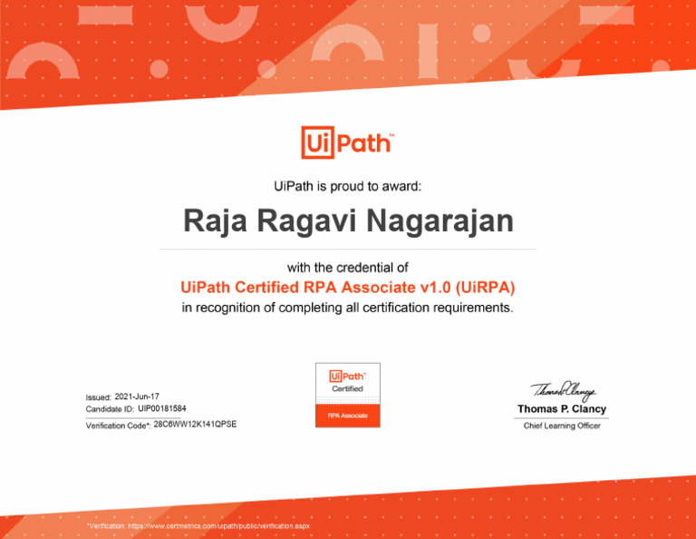 UiPath Certified RPA Associate v1.0 Certificate | PDF