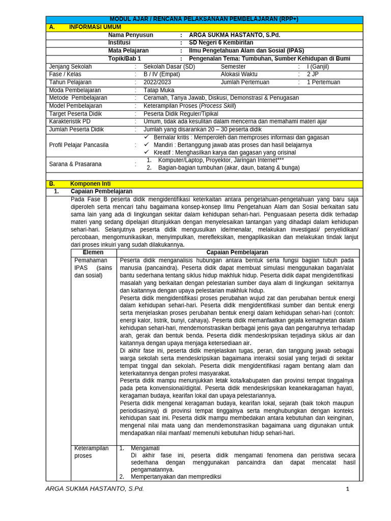 02. MODUL AJAR IPAS KLS IV SMS 1 | PDF