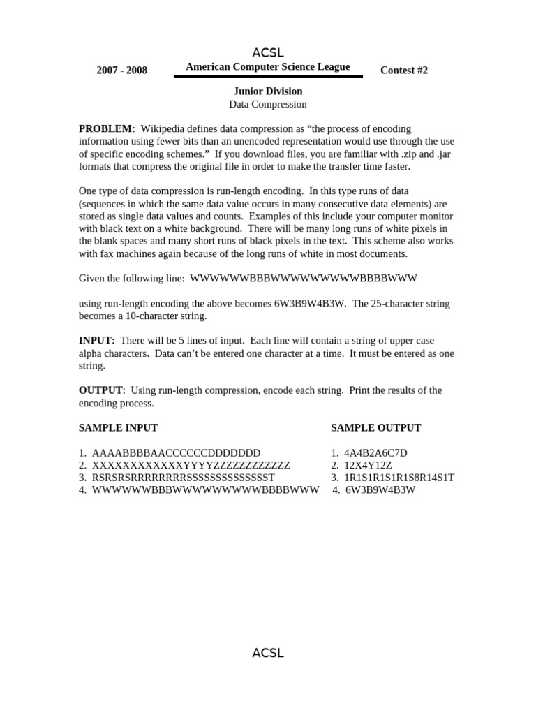 ACSL Data Compression JR 2 | PDF | String (Computer Science) | Computer Science