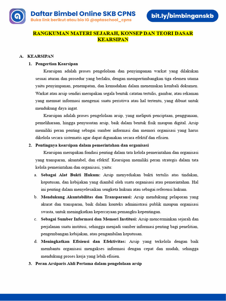 Rangkuman - Sejarah, Konsep Dan Teori Dasar Kearsipan | PDF
