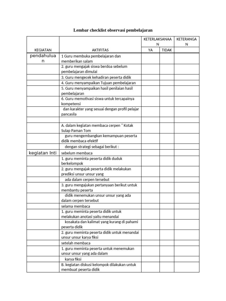 Lembaran Checklist Observasi Pembelajaran | PDF