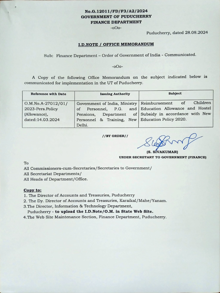 Reimbursement of CEA and Hostel Subsidy in Accordance With New ...